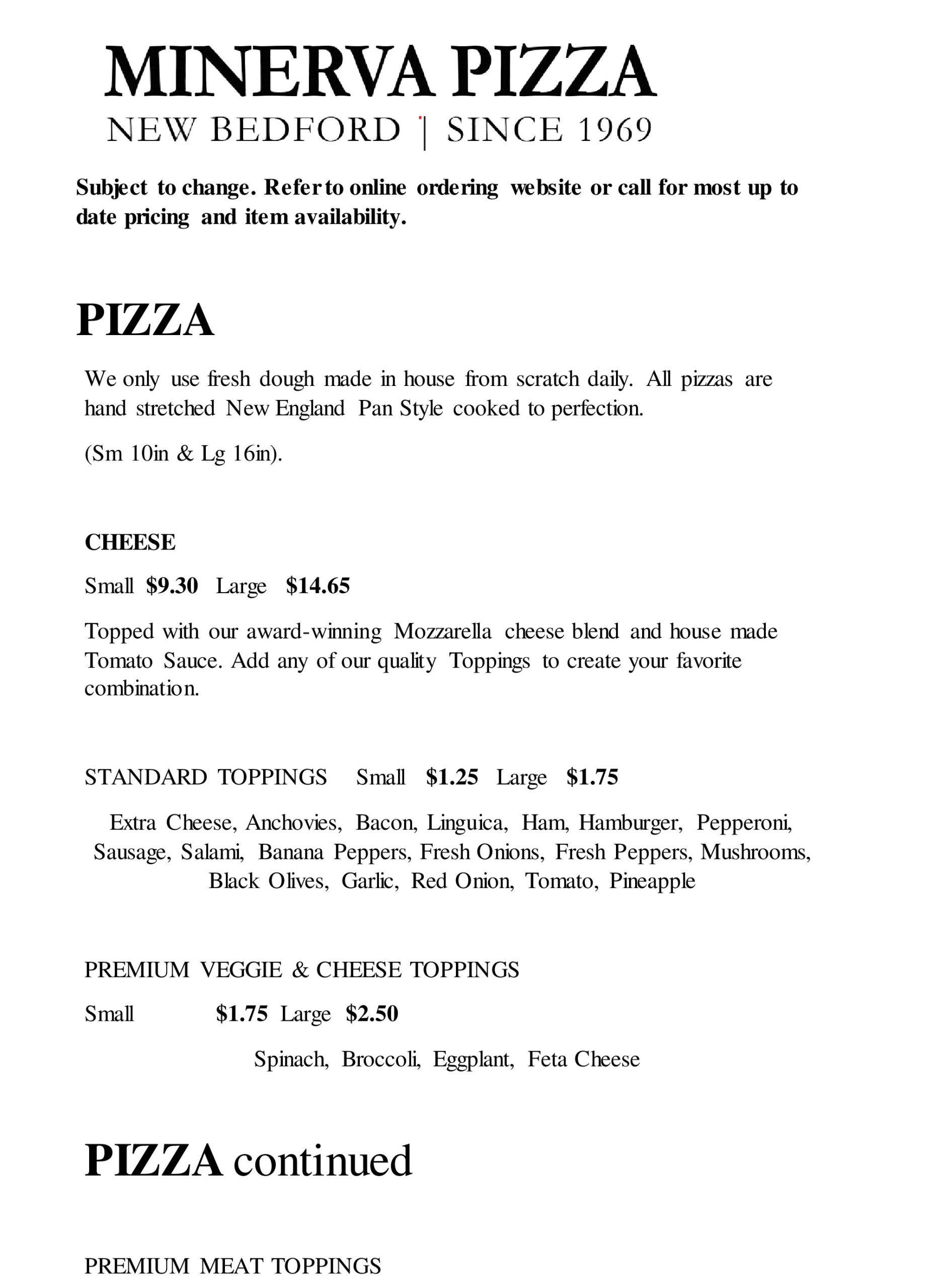 Our Menu - Minerva Pizza