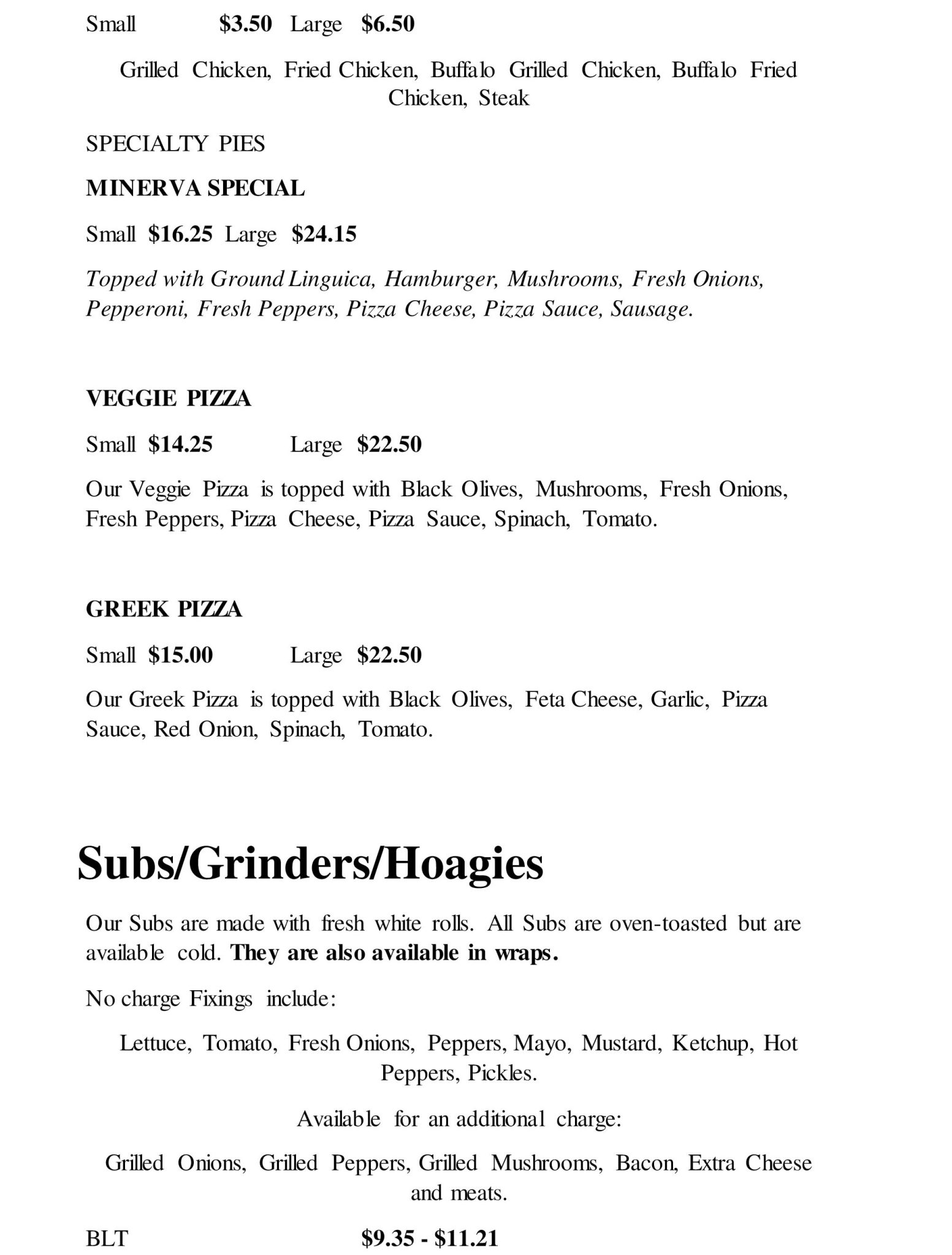 Our Menu - Minerva Pizza